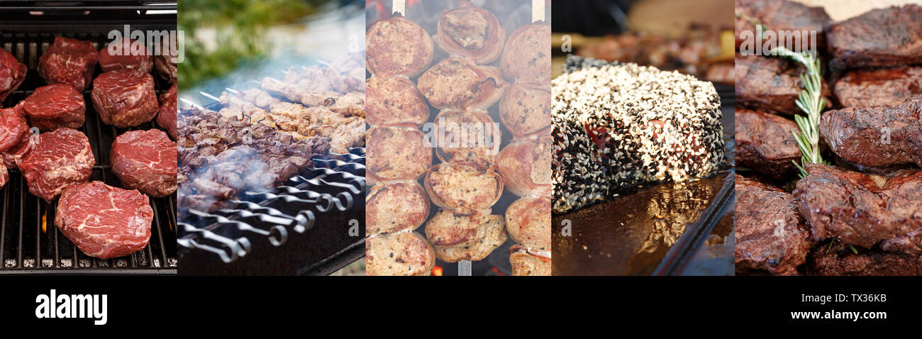 meat barbecue collage. different meat dishes are cooked on the grill ...