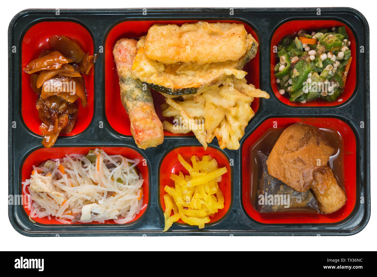 Japan Food set of onion fritter and other in a box isolated on white ...