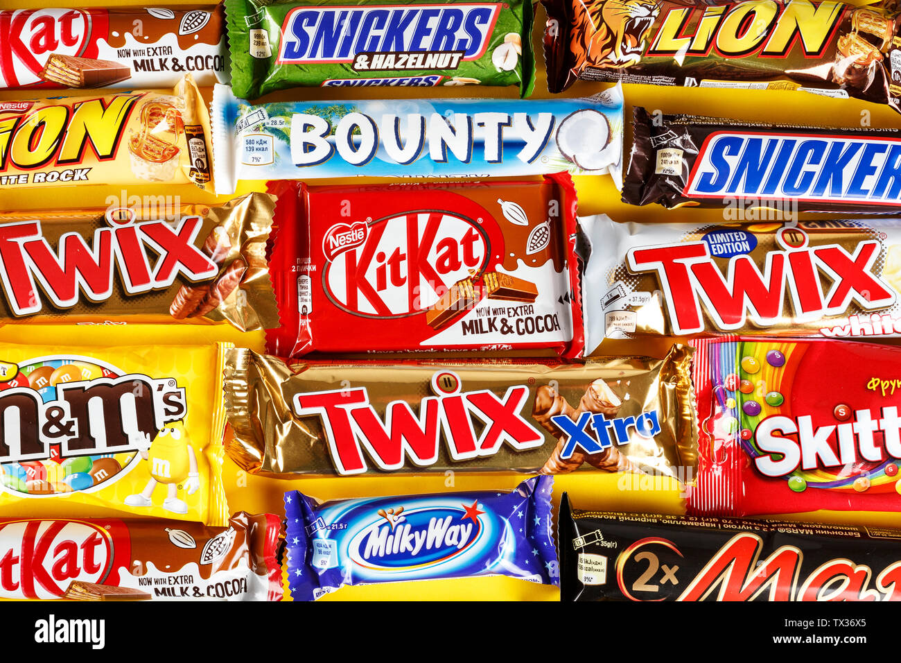 Ukraine, Kiev - March 29,2018. Snickers, bounty, lione, milkyway ...