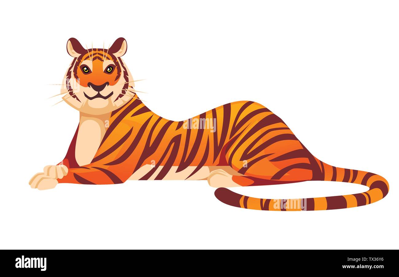 Adult big red tiger lies on ground wildlife and fauna theme cartoon ...