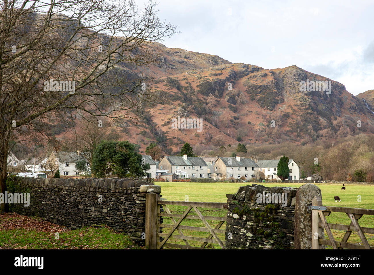 Coniston village in the lake District with farmland and dry stone ...