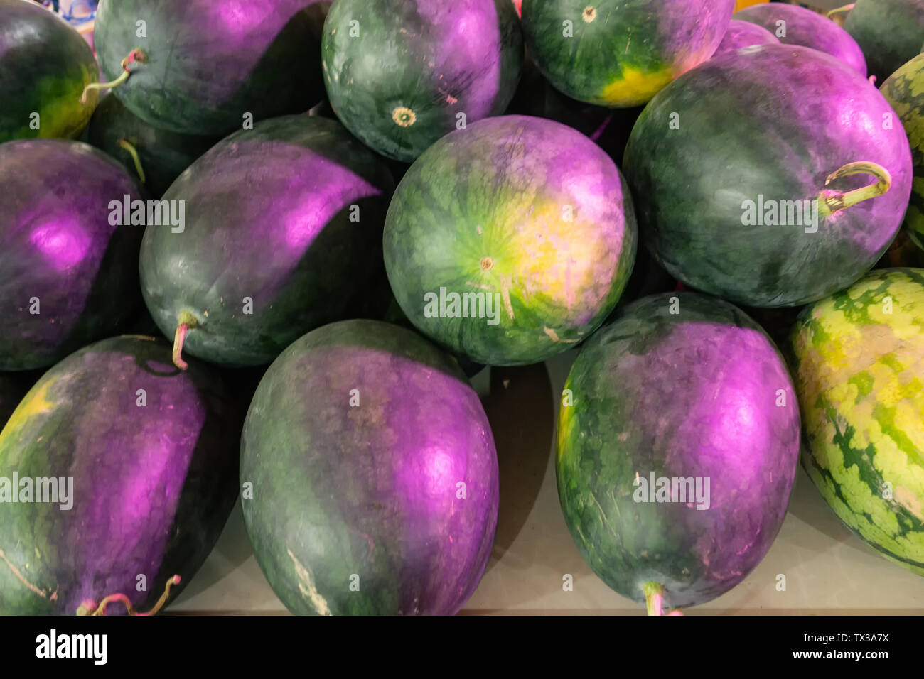 Black-skinned watermelon waiting to be sold at the fruit market Stock ...