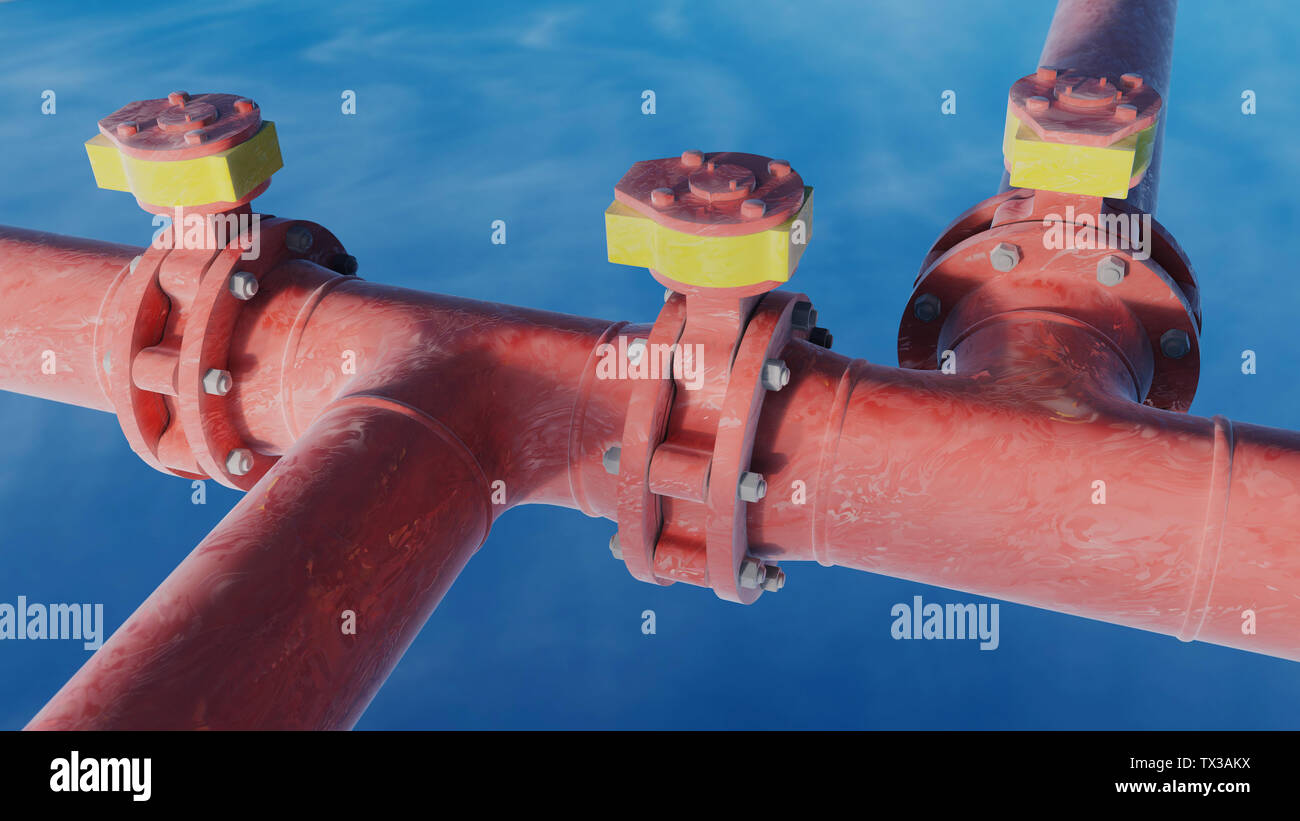 Three Sluice gates with Two T section on Large Red Frosted Pipes on a ...