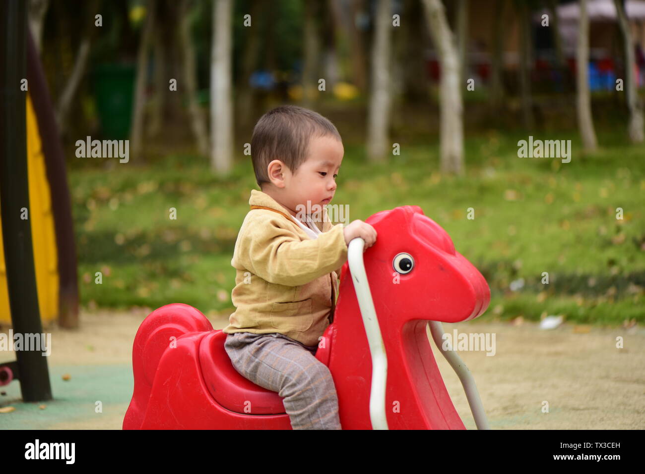 A baby riding a Trojan horse in an amusement park Stock Photo - Alamy