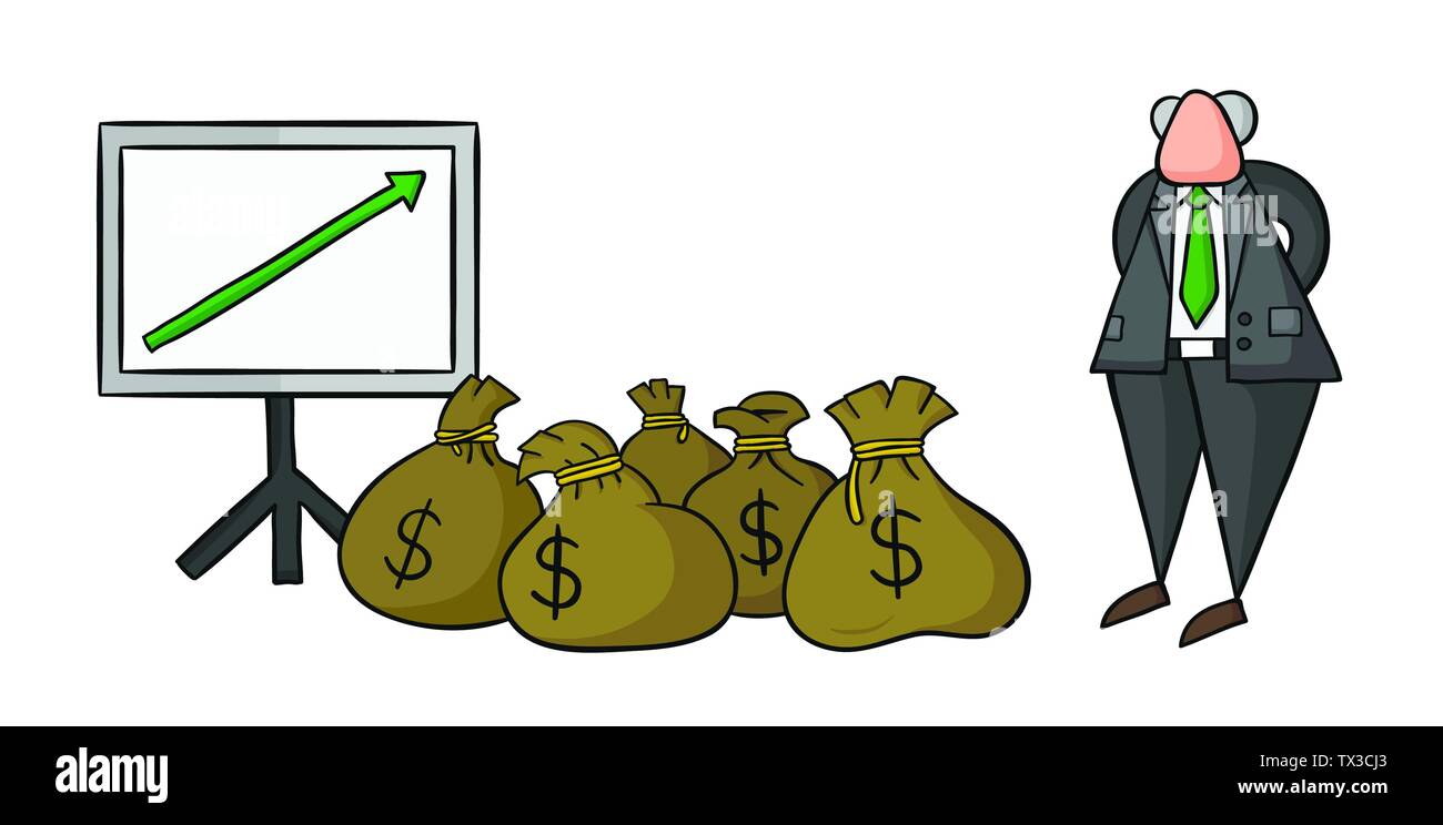 Hand-drawn vector illustration of boss with sales chart arrow moving up ...