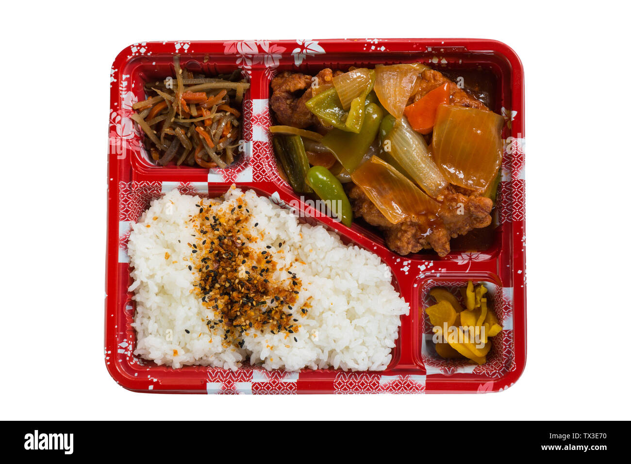 Japan Food set of chicken fried and other in a box isolated on white ...