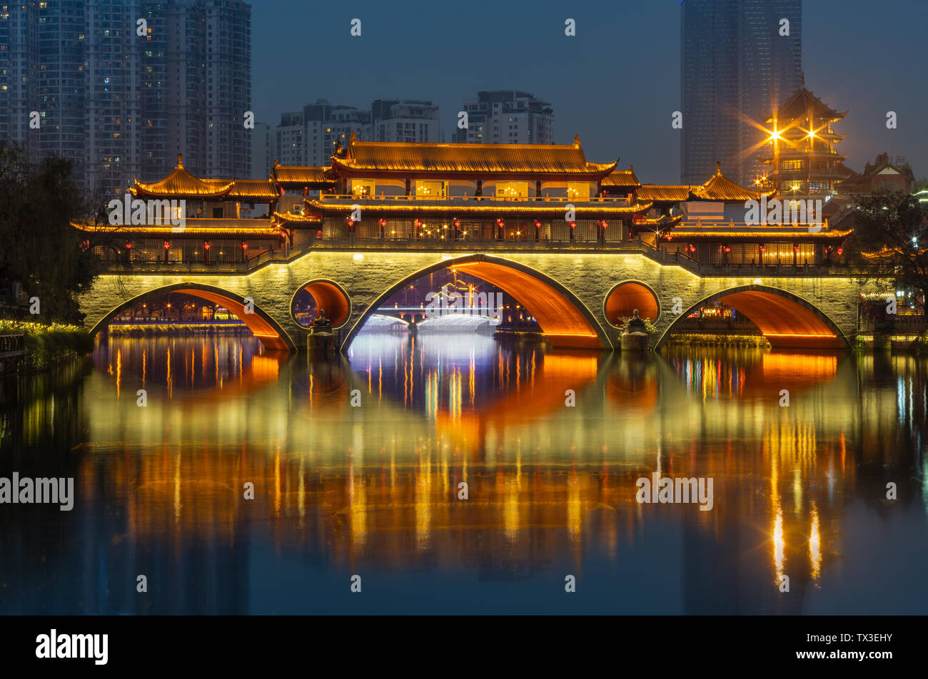 Chengdu Nine Eye Bridge Anshun covered bridge night view Stock Photo ...
