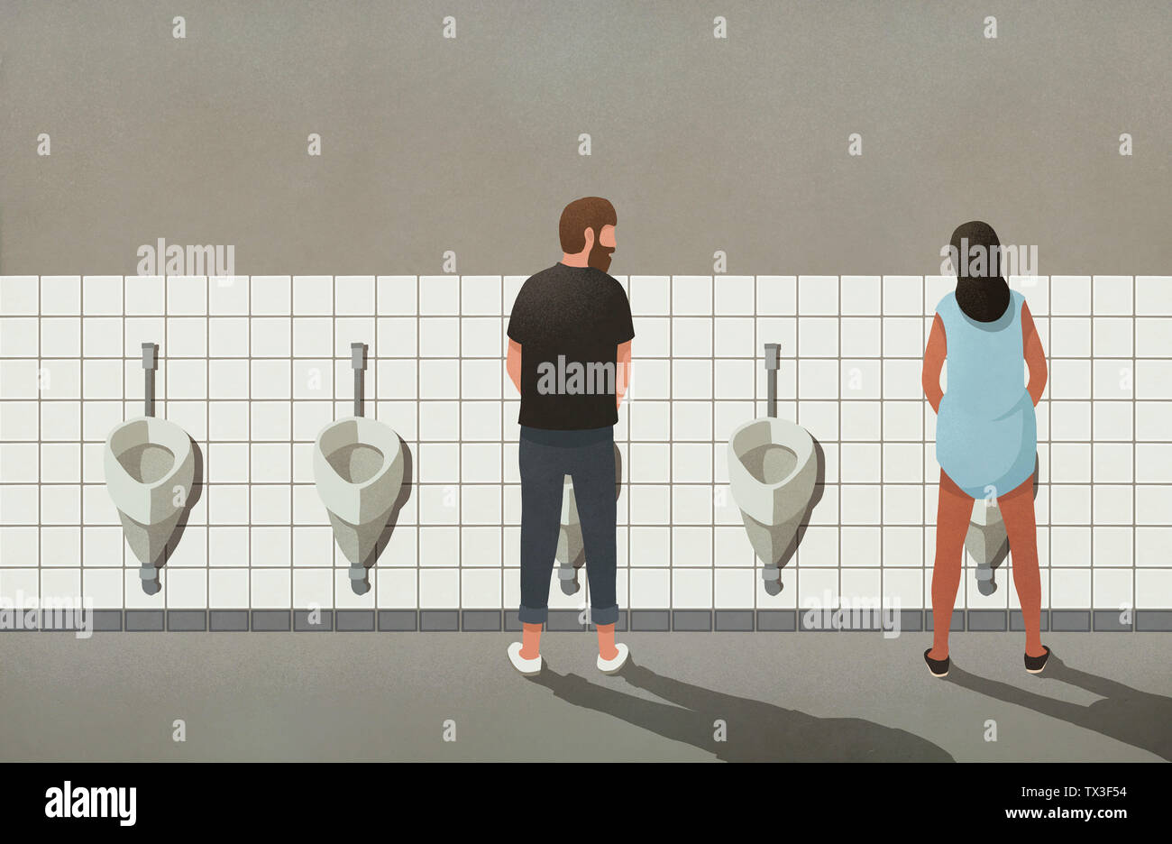 Man and transgender woman using urinals in bathroom Stock Photo - Alamy