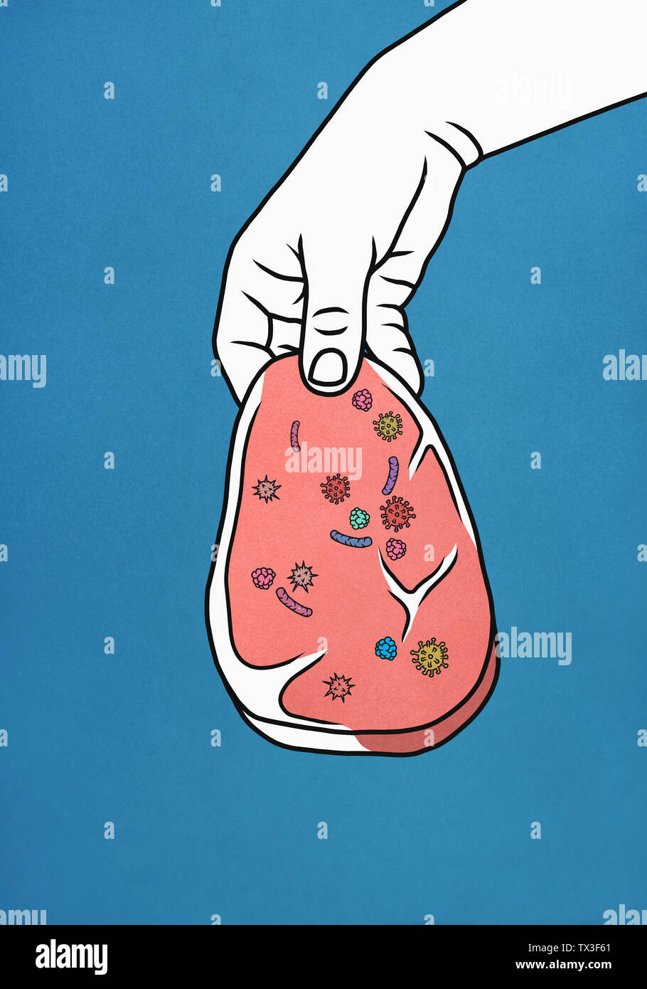 Hand holding raw meat covered in bacteria Stock Photo - Alamy