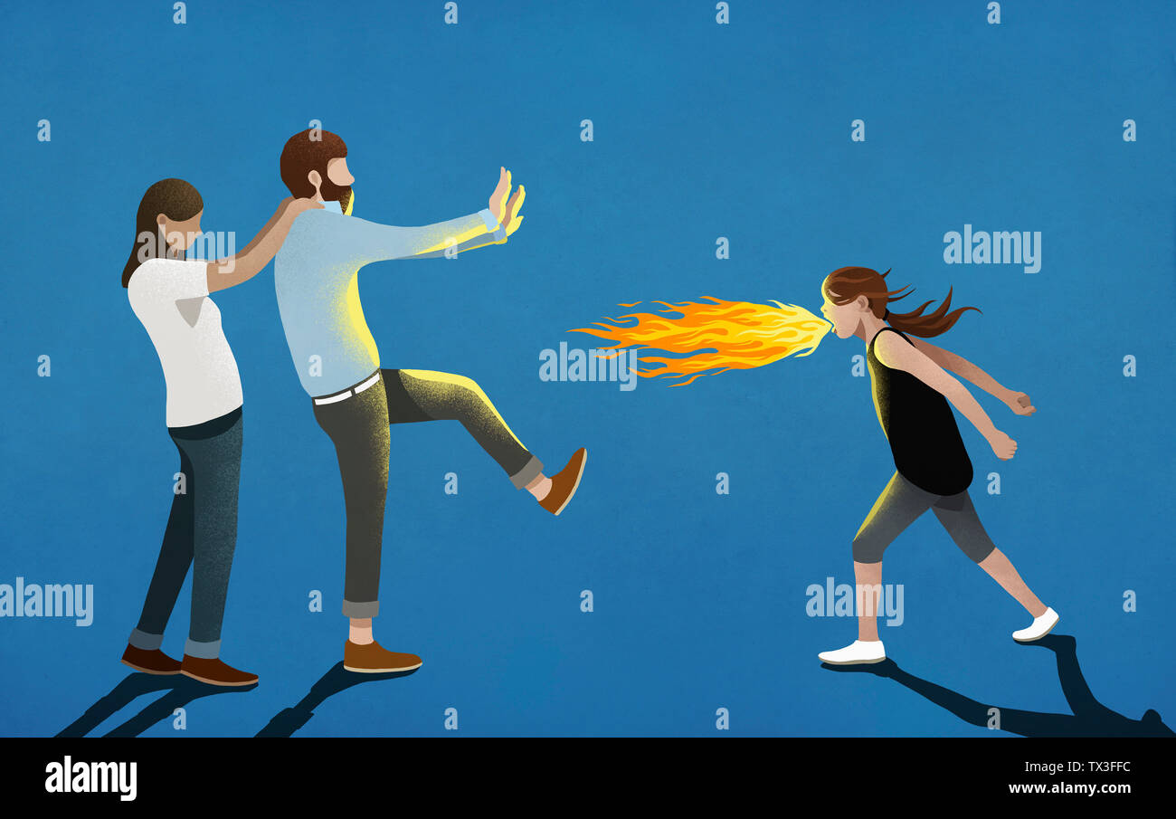 Angry girl breathing fire toward parents Stock Photo - Alamy
