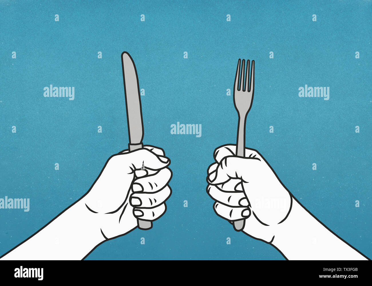 Hungry hands holding fork and knife Stock Photo - Alamy