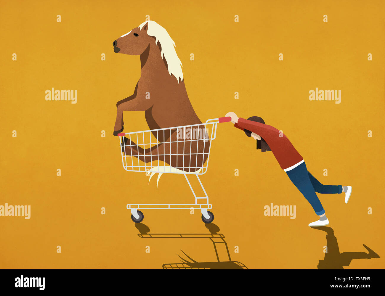 Girl pushing shopping cart with pony Stock Photo - Alamy