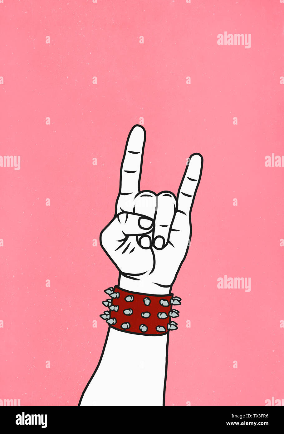 Hand with studded cuff gesturing horn sign Stock Photo - Alamy