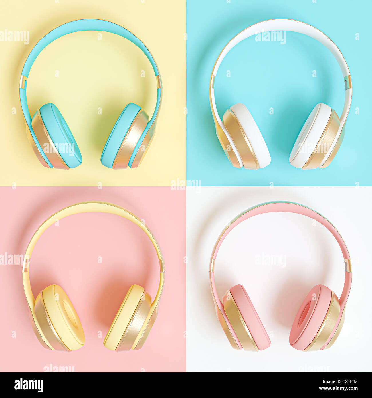 collection of audio headphones in different colors, 3d render image ...