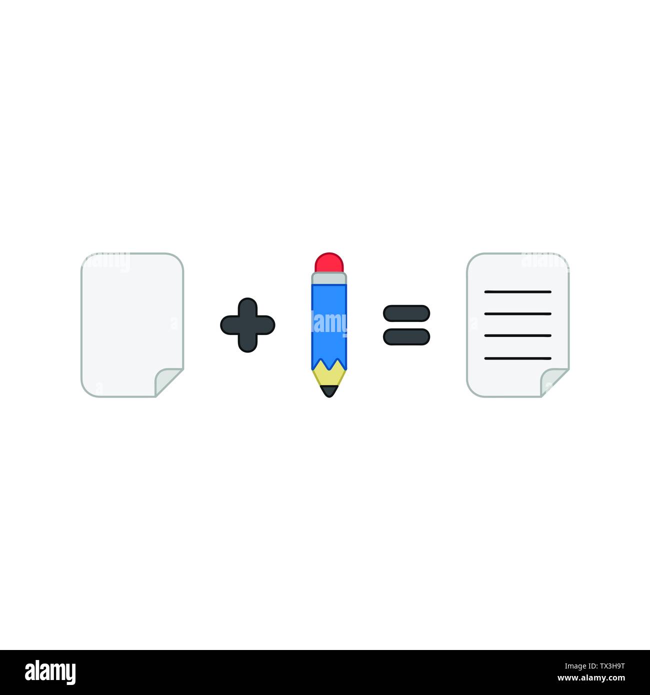 Vector icon concept of blank paper plus pencil equals written paper ...