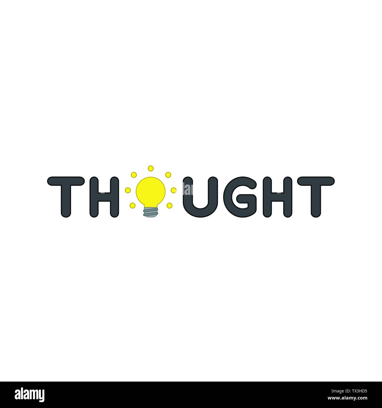 Vector icon concept of thought word with glowing yellow light bulb ...