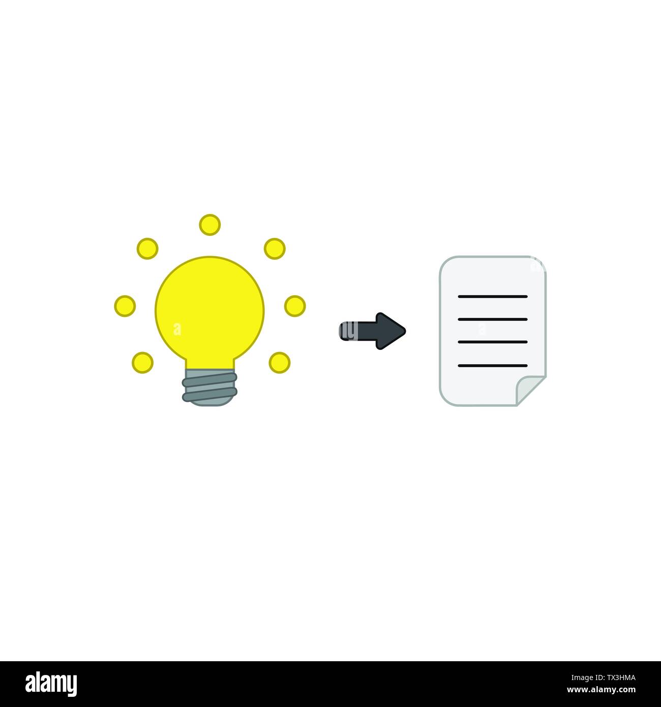 Vector icon concept of yellow glowing light bulb and written paper ...