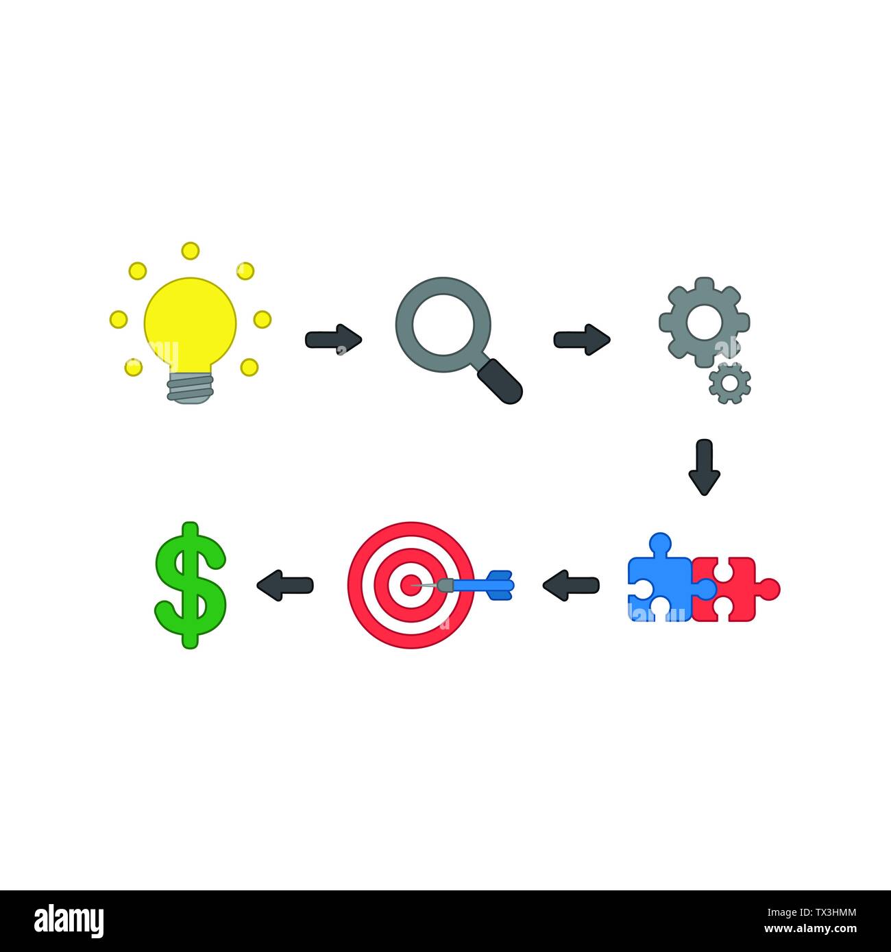 Vector icon concept of success with glowing light bulb idea, magnifying ...