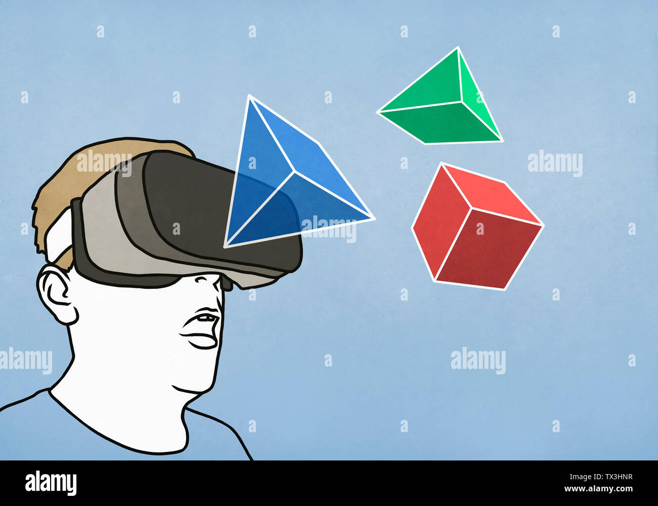 Man with virtual reality simulator glasses looking at 3D geometric ...