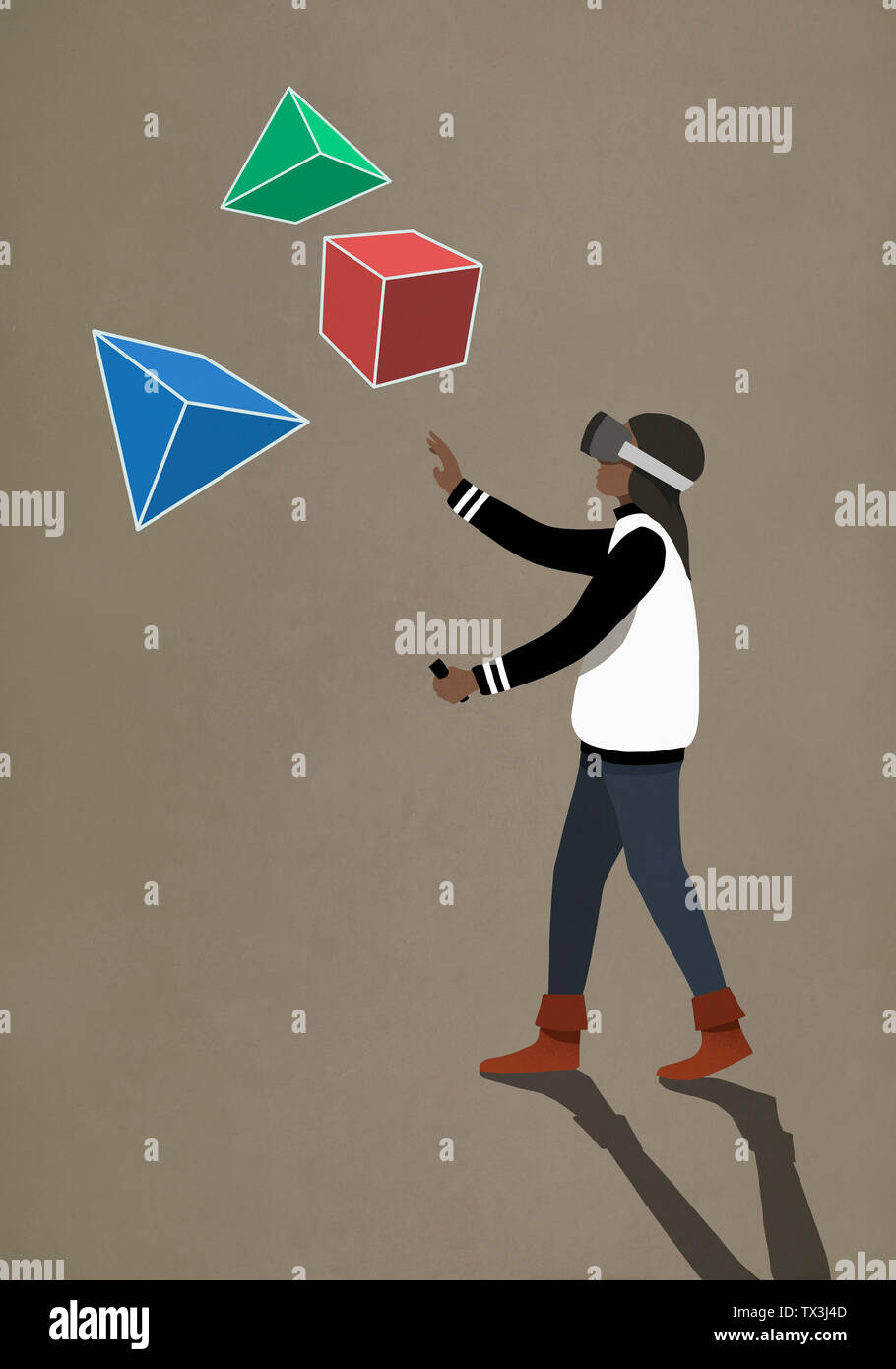 Woman in virtual reality simulator glasses looking at 3D geometric ...