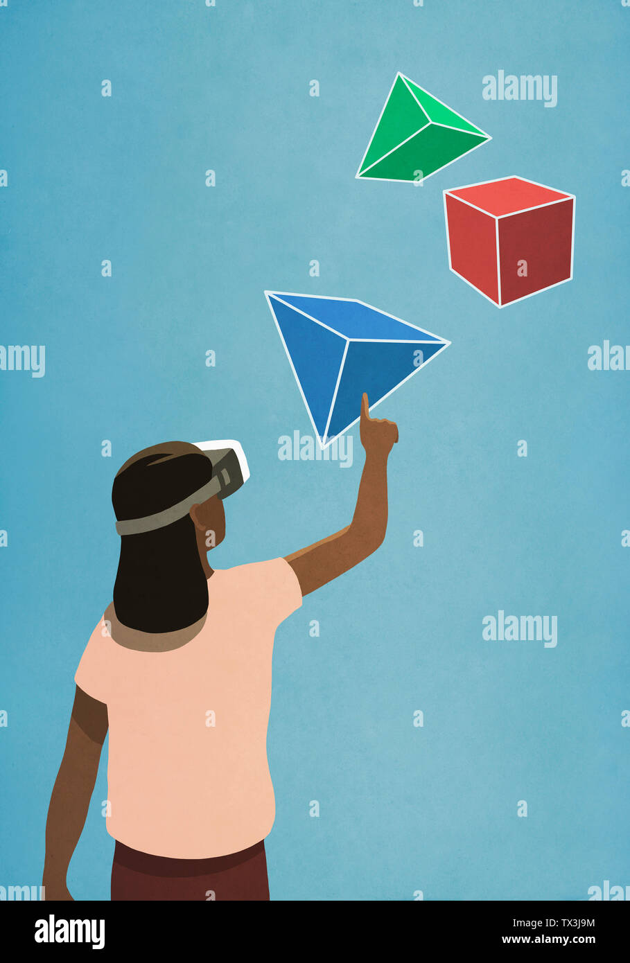 Woman with virtual reality simulator glasses looking up at 3D geometric ...