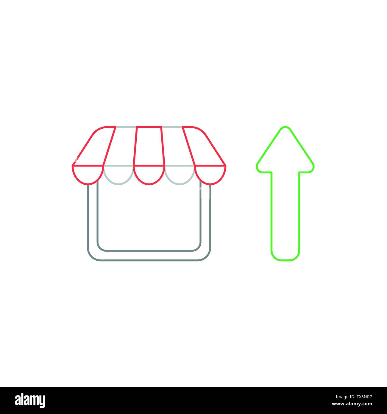 Vector icon concept of shop stpre with green arrow moving up. White ...