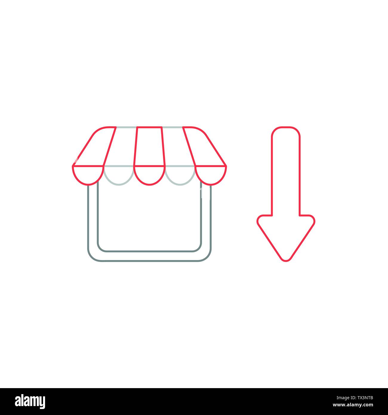Vector icon concept of shop stpre with red arrow moving down. White ...