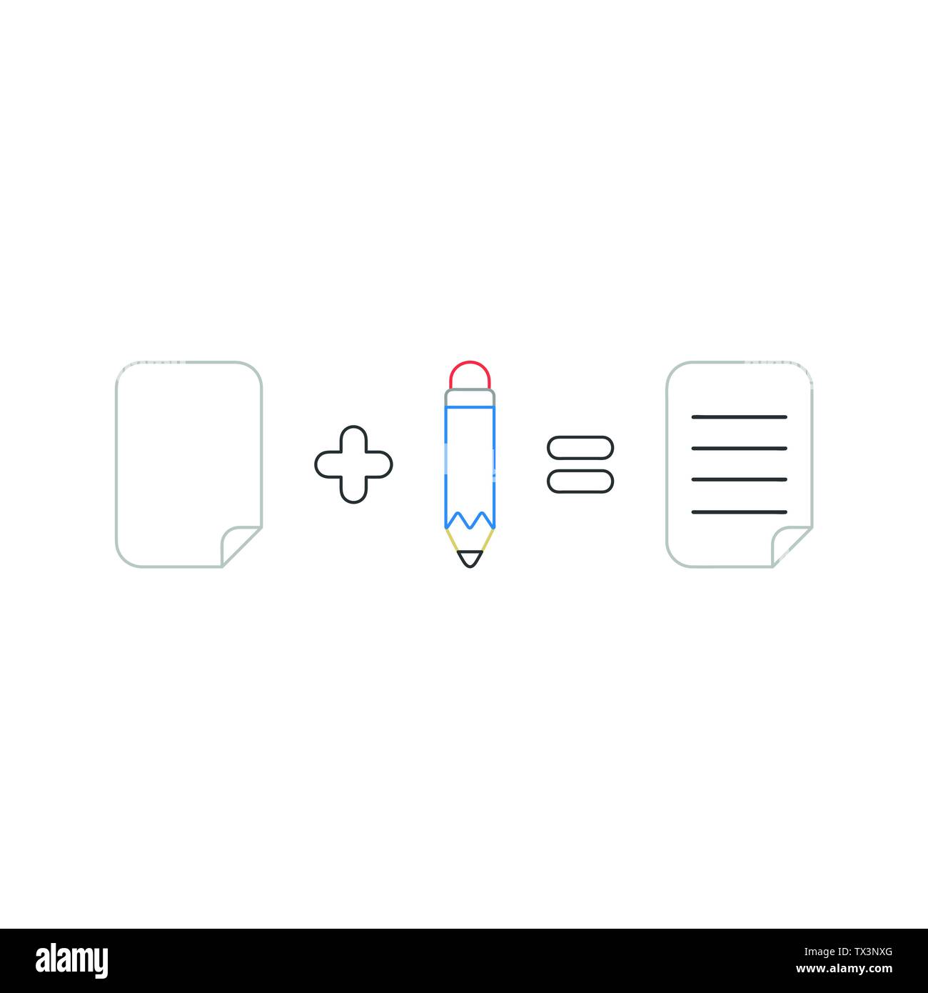 Vector icon concept of blank paper plus pencil equals written paper ...