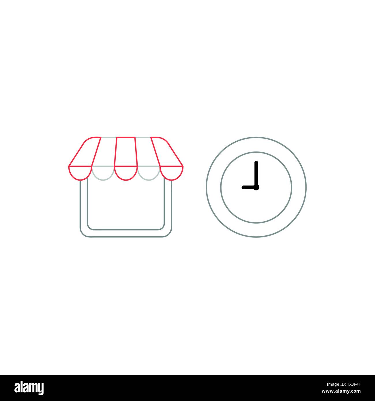 Vector icon concept of shop store with clock. White background and ...