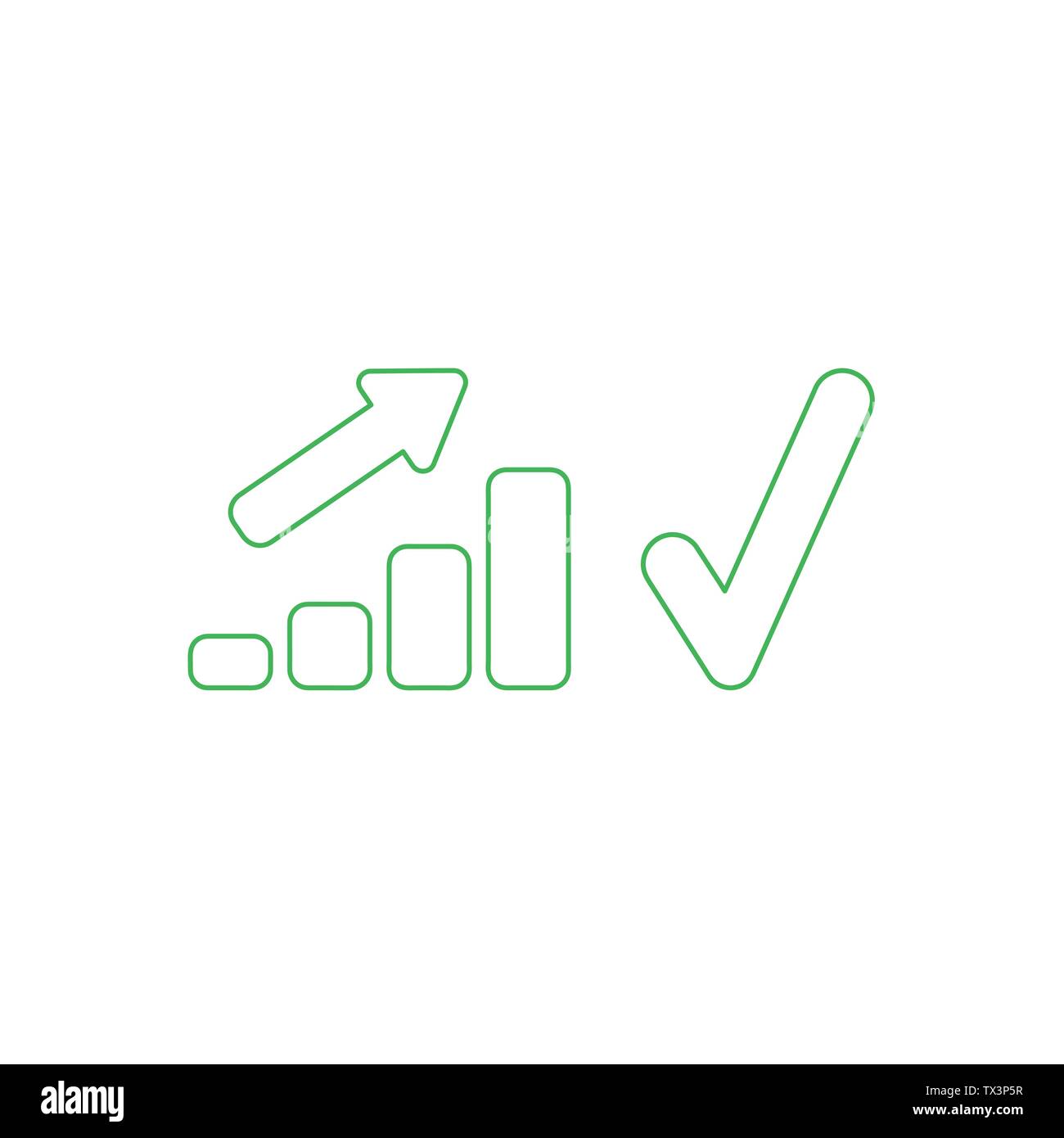 Vector icon concept of green sales bar chart moving up with green check ...