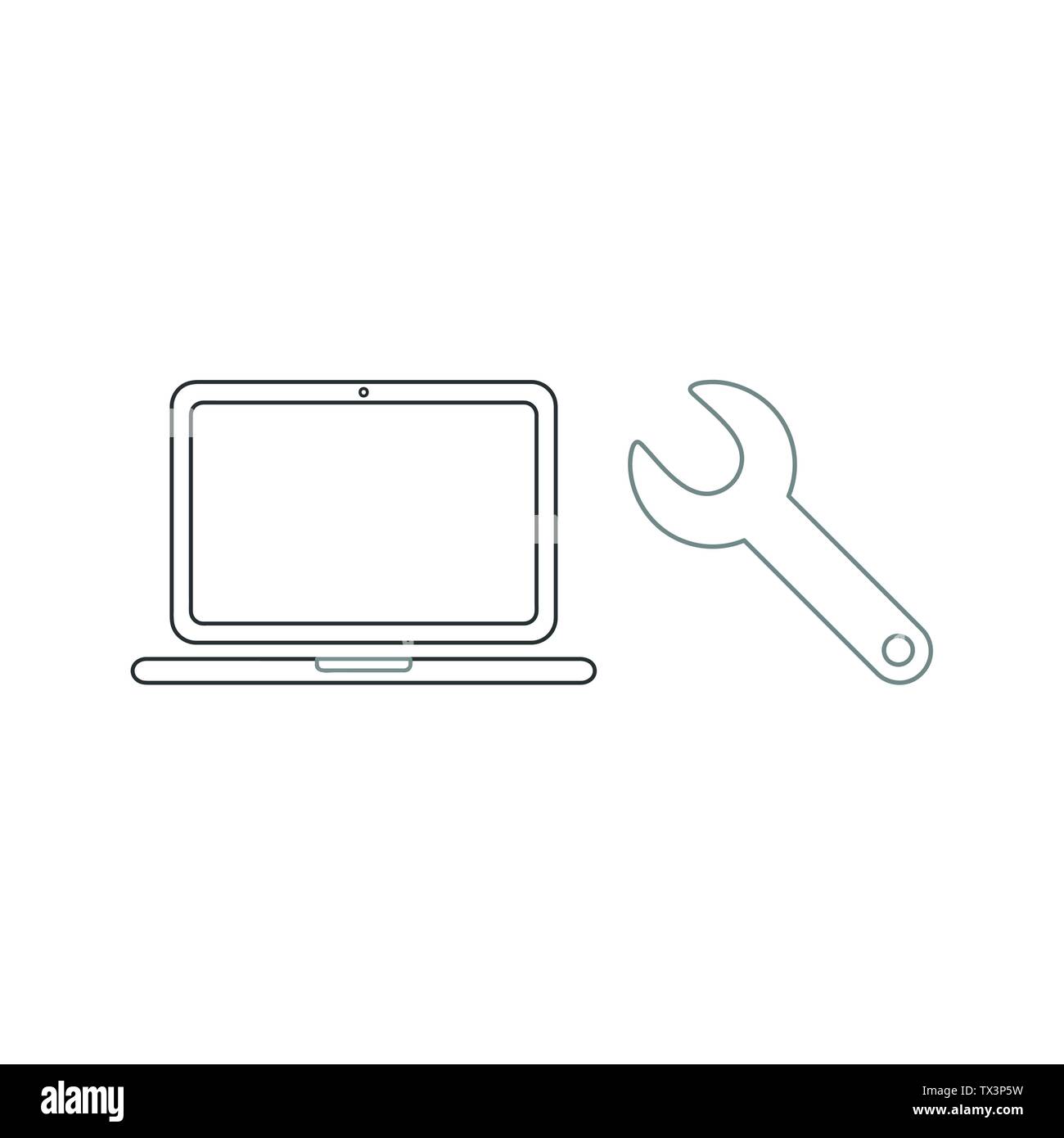 Vector icon concept of repair black laptop computer with grey spanner ...