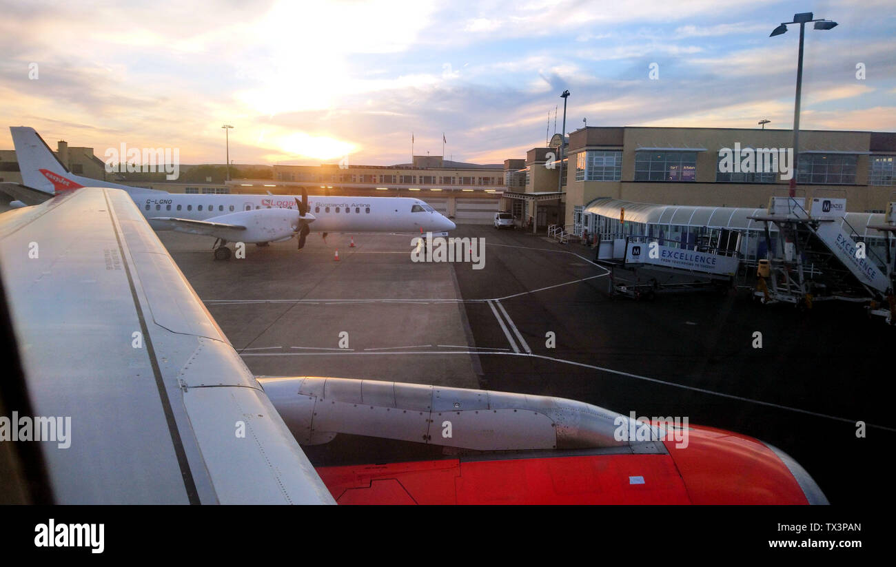 Sunset over the Terminal at Ronaldsway Isle of Man from an Easyjet ...