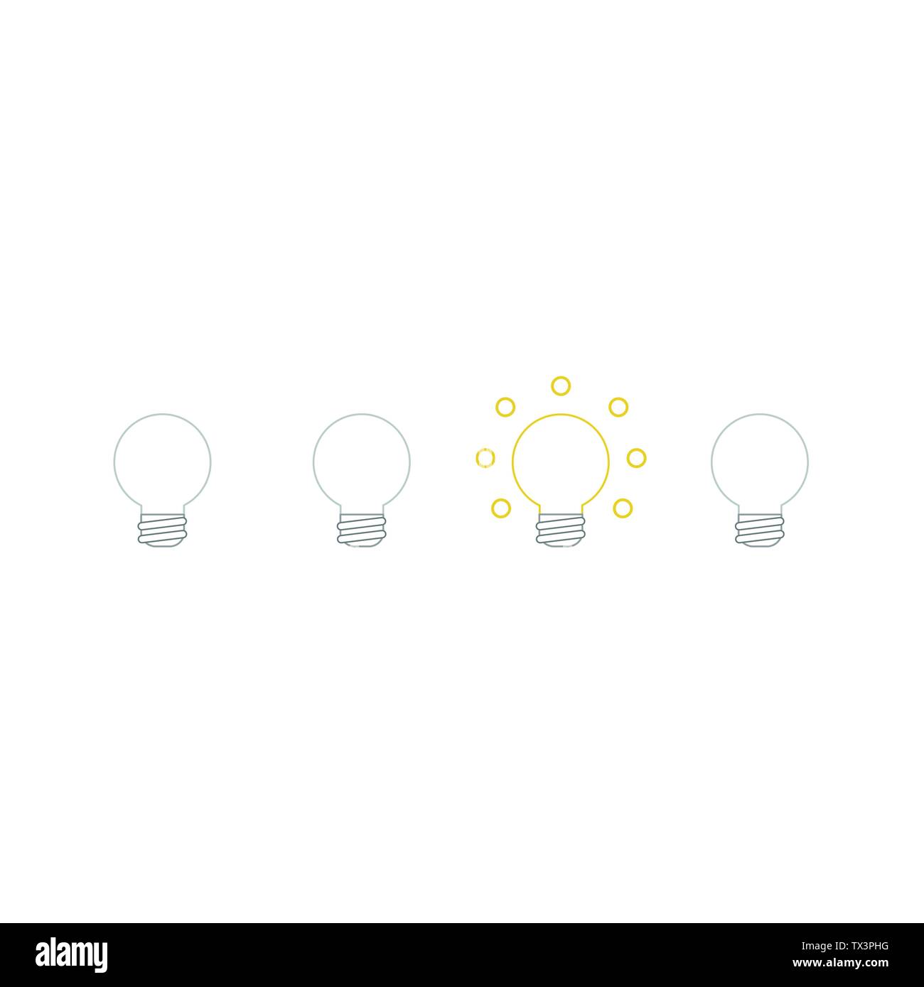 Vector icon concept of four light bulbs and one of them turn on and ...