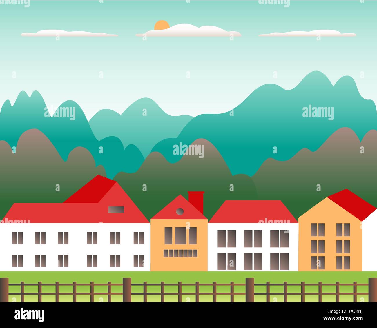 Rural valley Farm countryside. Village landscape with ranch in flat ...