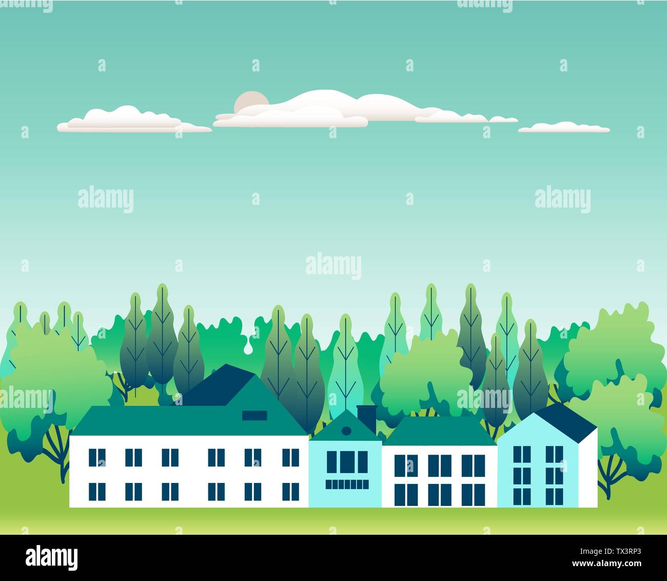 Rural valley Farm countryside. Village landscape with ranch in flat ...