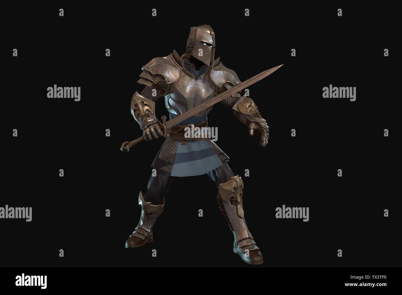 Fantasy character knight with sword in epic pose - 3D render on black ...
