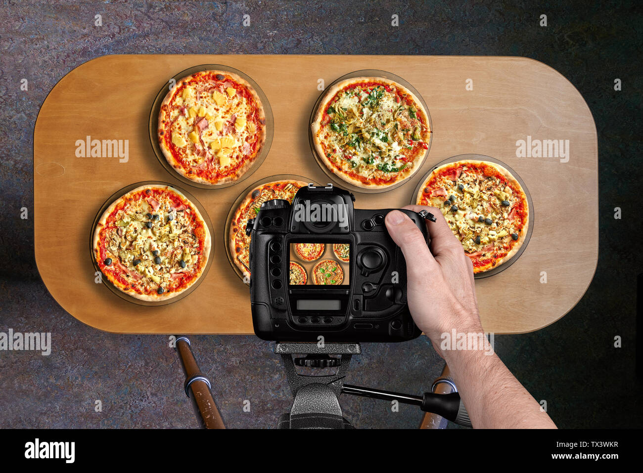 Brown oval wooden table view from above on marble floor and ...