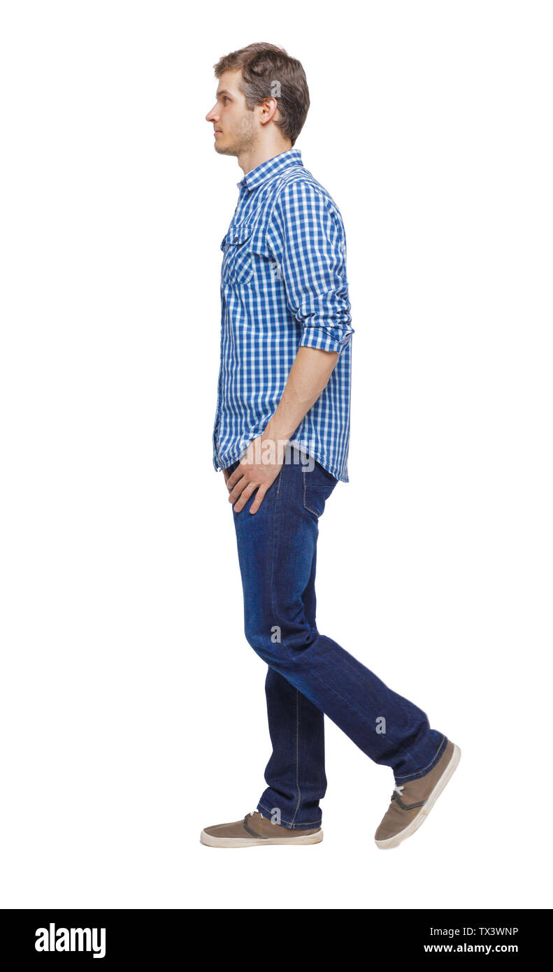Side view of going handsome man. walking young guy . Rear view people ...