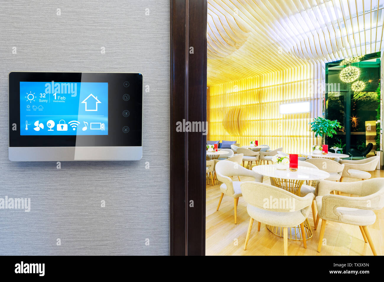 smart screen with smart home with modern dining room Stock Photo - Alamy