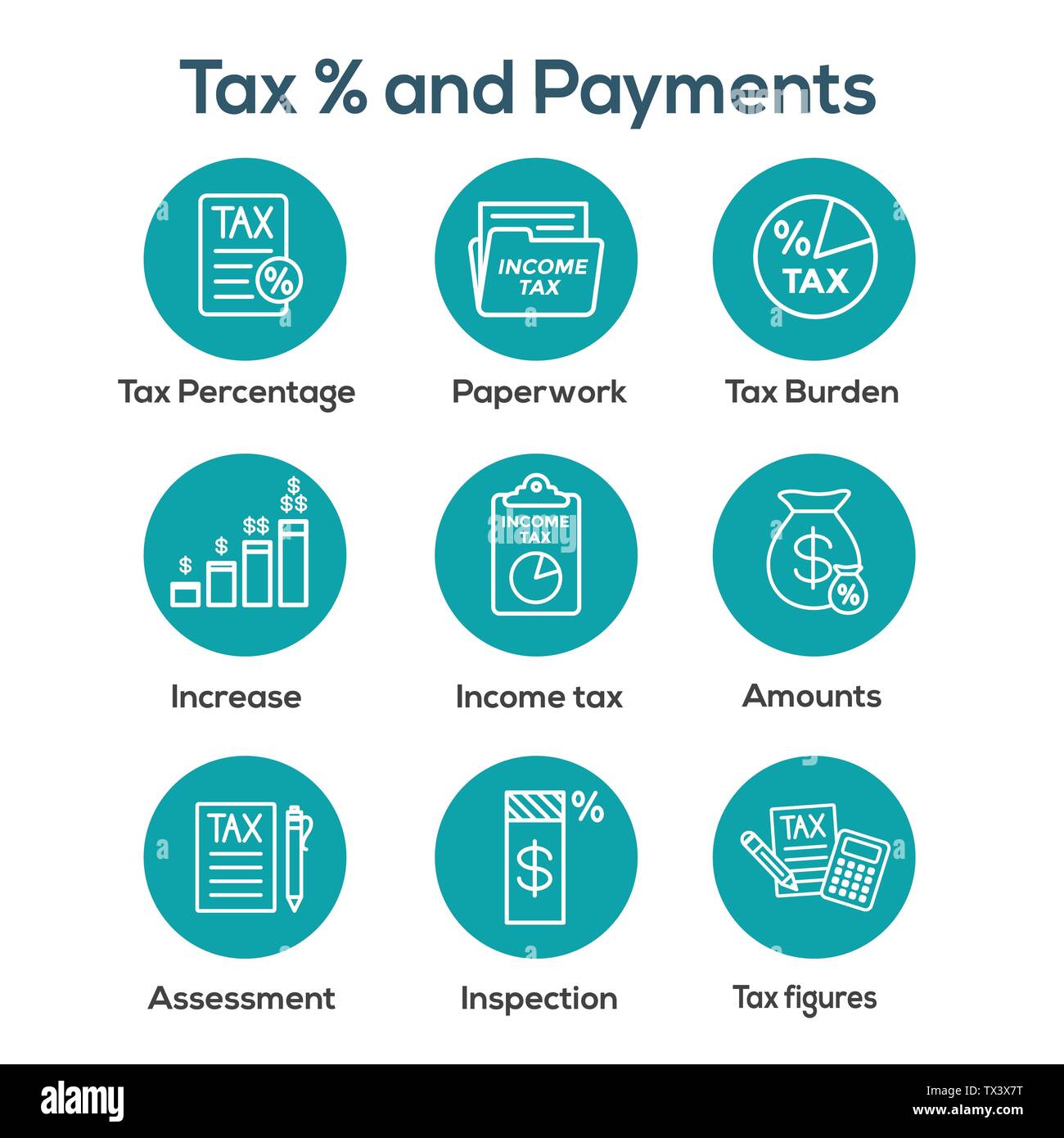 Tax concept w percentage paid, icon and income idea. Flat vector ...