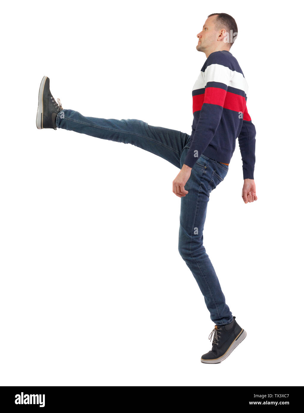 Side view man funny fights waving his arms and legs. Isolated over ...