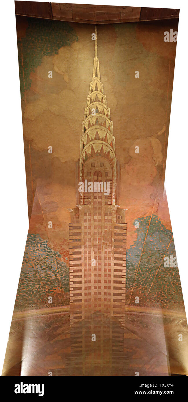 Mural of the Chrysler Building on the ceiling of the lobby in the ...