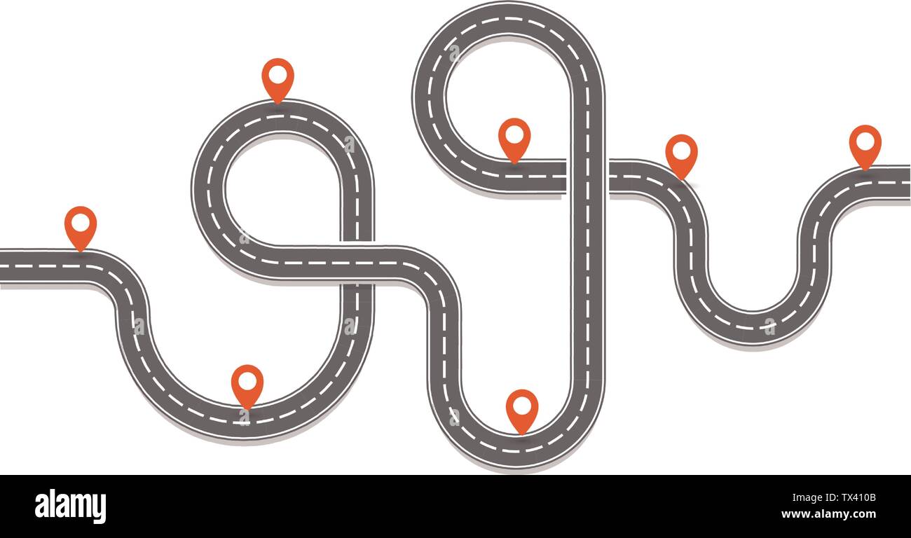 Auto trip map. Asphalt Road path with red Pins. Place on road ...