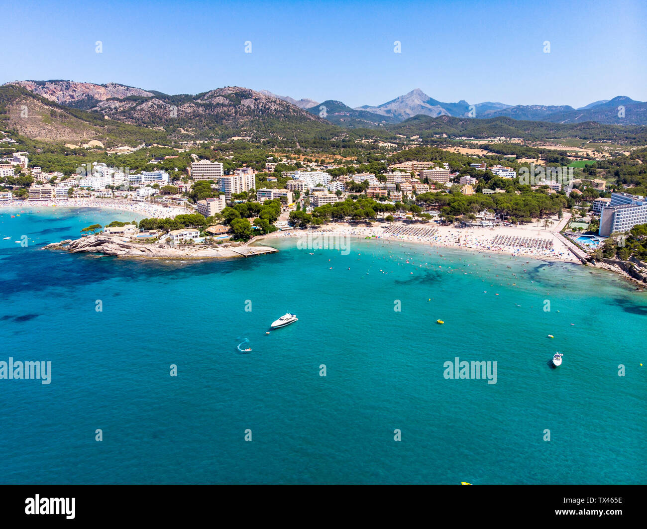 Spain, Majorca, Costa de la Calma, aerial view over Peguera with hotels ...
