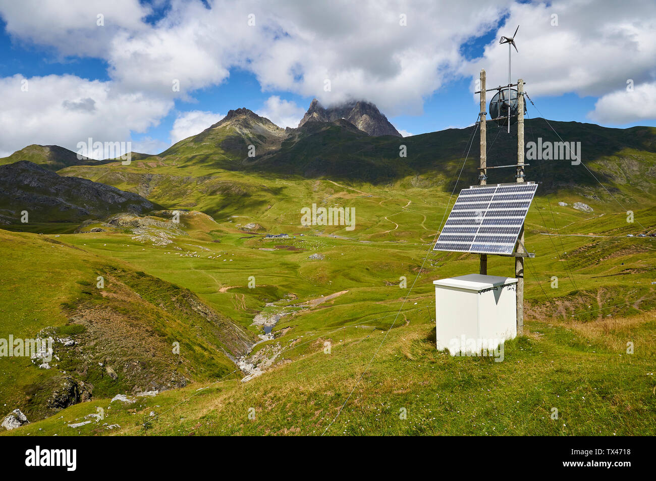 Meteorological station with solar panel in high mountain pastures with ...