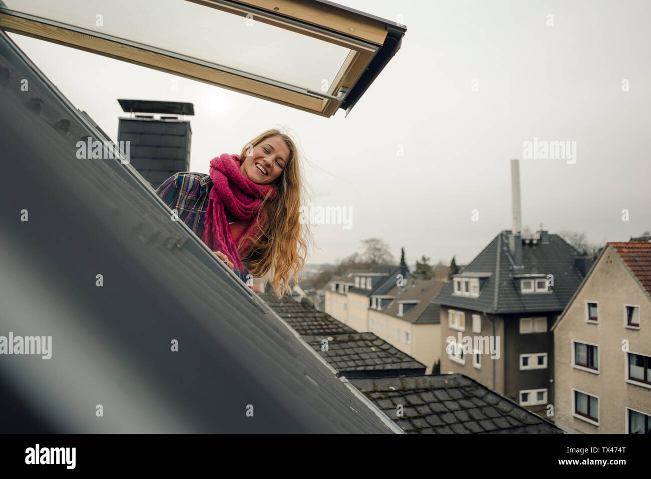 Portrait Happy Young Woman Leaning Out Window High Resolution Stock ...