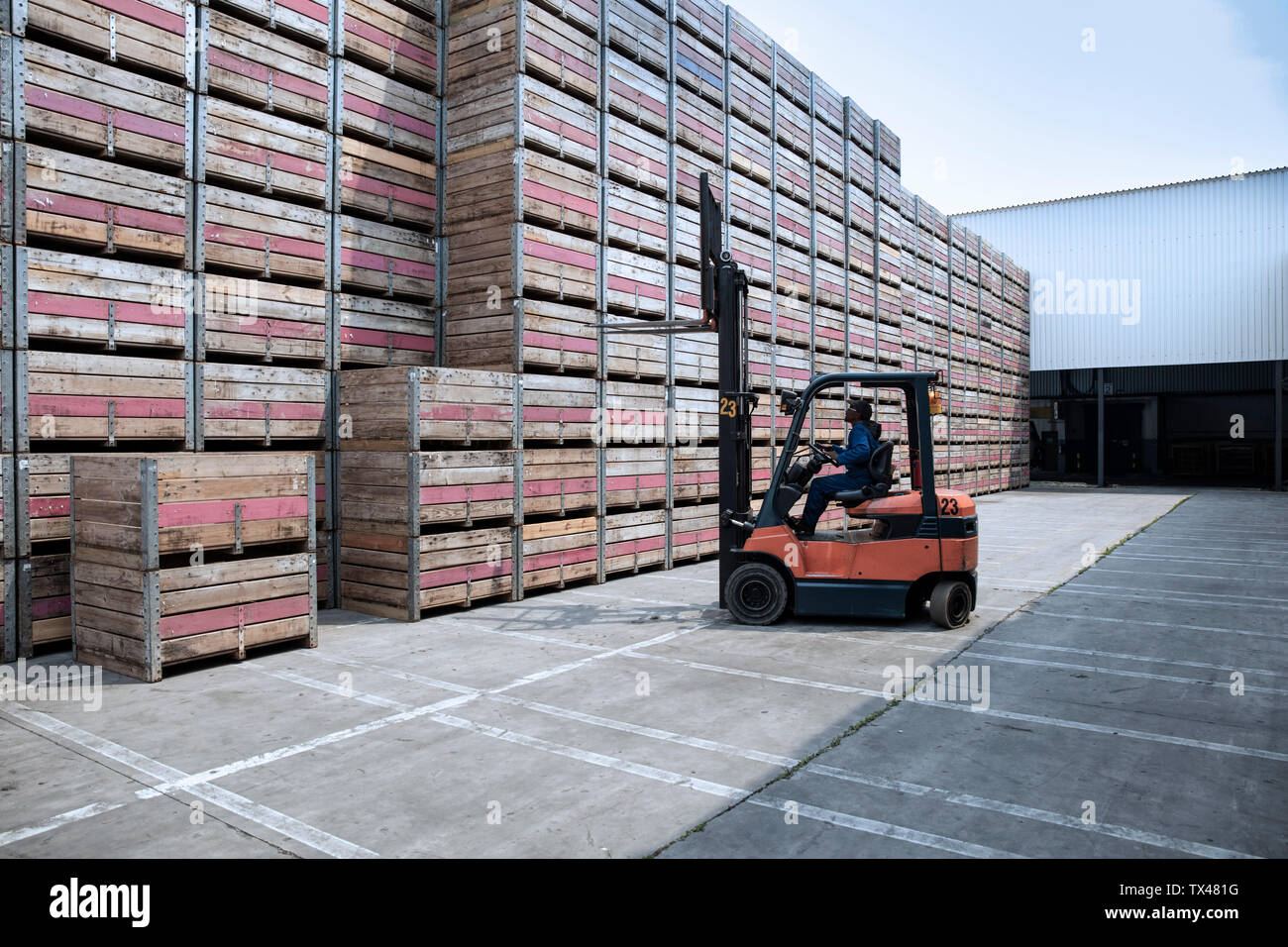 Worker on forklift and stacks of crates on factory yard Stock Photo - Alamy