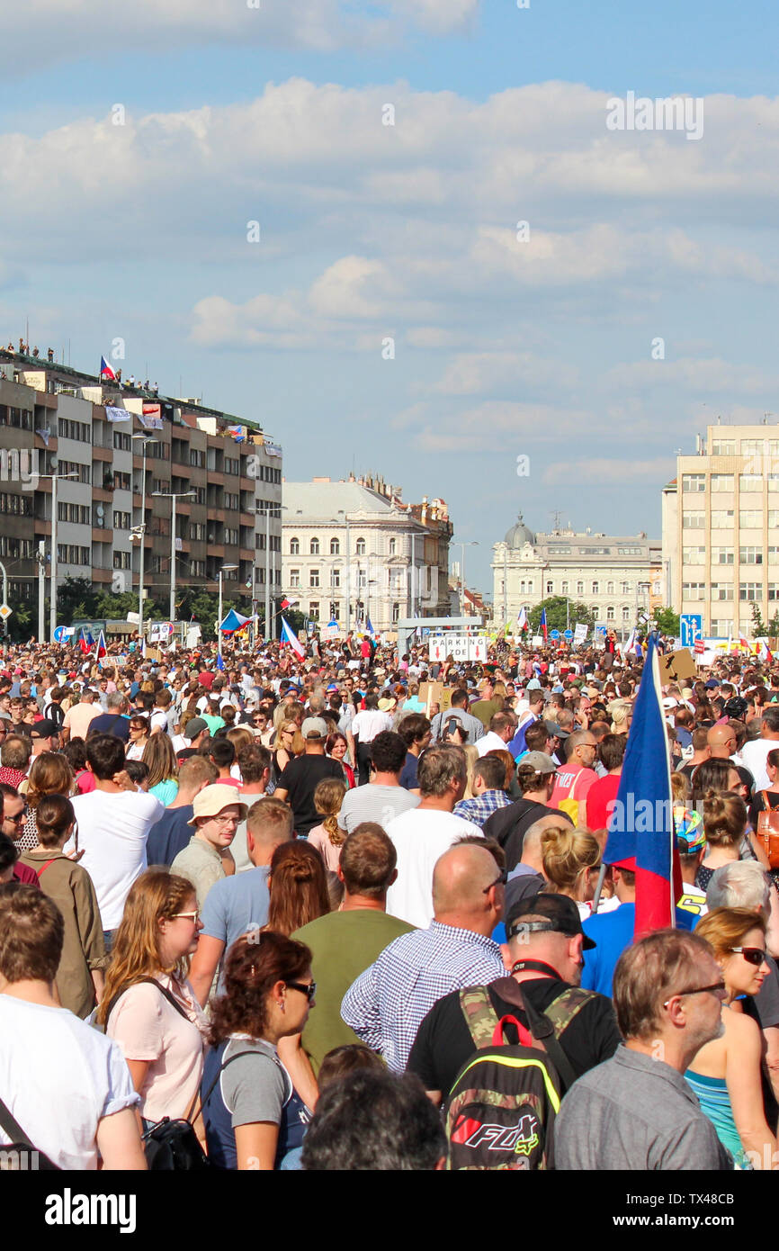Prague, Czech Republic - June 23 2019: Crowd of people protests against ...