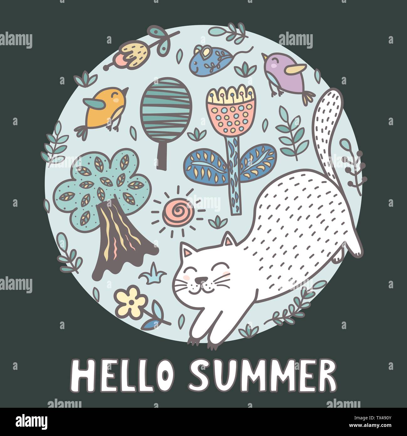 Hello summer print with a cute cat. Funny card. Vector illustration ...
