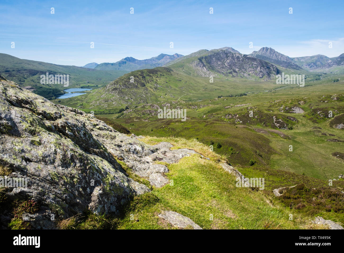 View from Crimpiau mountain top to Ogwen Valley and Snowdon horseshoe ...